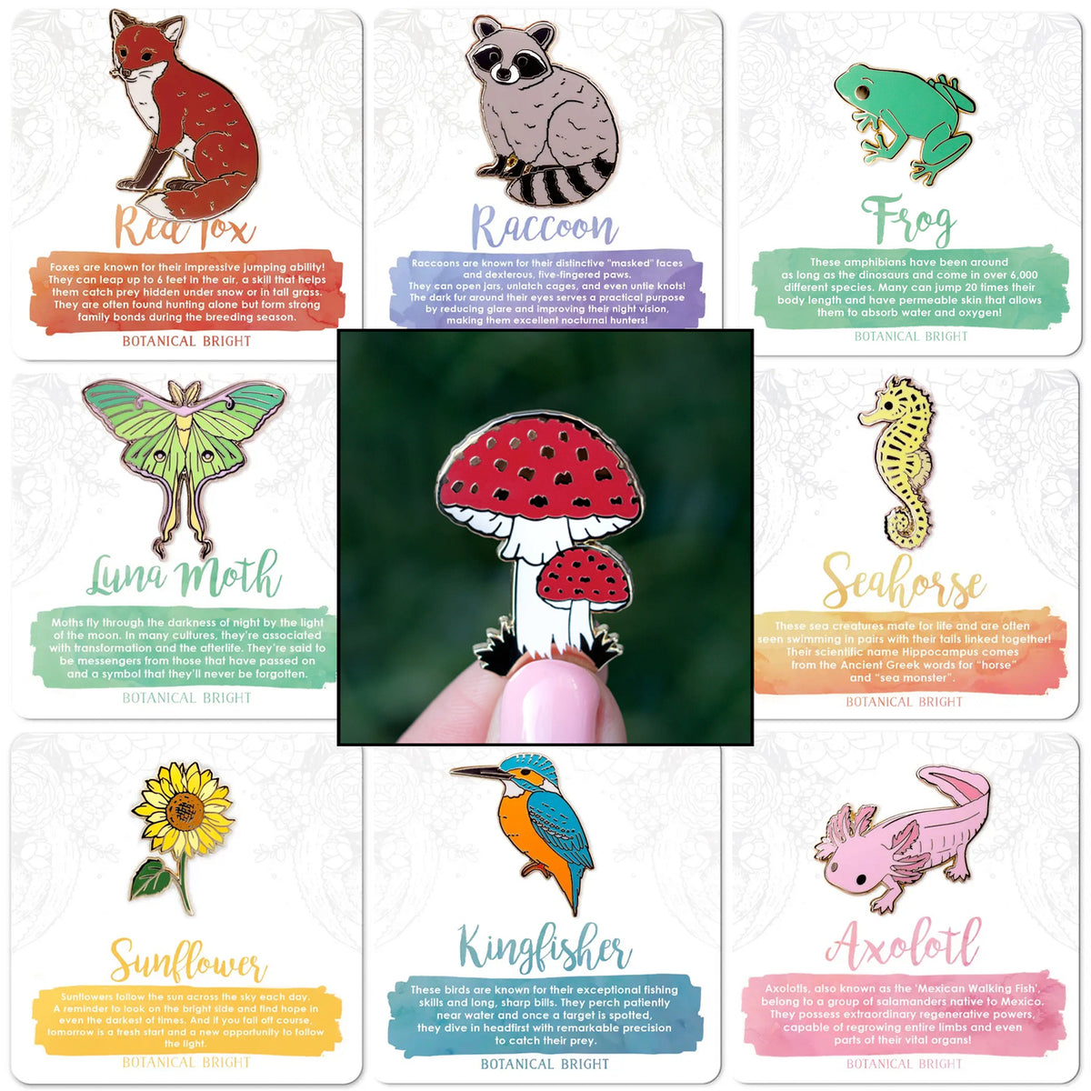 Nature-Inspired Enamel Pins - Cute Animals, Popular Flowers and Fungi ...